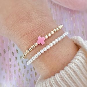 Jewelry | Preppy Pink Cross Faith Gold Beaded Bracelet | Poshmark